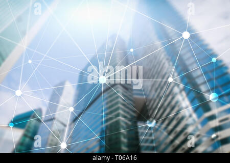 Blockchain network on blurred skyscrapers background. Financial ...