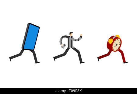 Person Running From Time Alarm Clock or Deadline, Vector Cartoon Stick ...