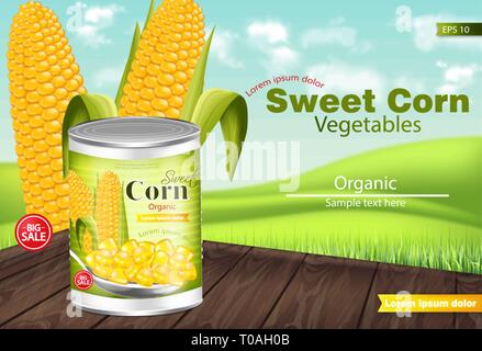 Sweet corn Vector realistic. Metal tin. Product package mock up. Label ...