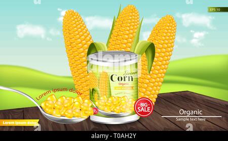 Sweet corn Vector realistic. Metal tin. Product package mock up. Label ...