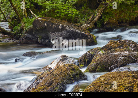 An upland river flowing over and around boulders as it flows downhill ...