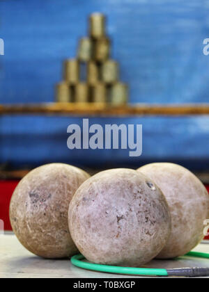 stacked tin can pyramid for can knockdown game at funfair Stock Photo ...