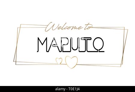 Maputo Welcome to Golden text Neon Lettering Typography with Wired Golden Frames and Hearts ...