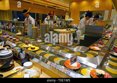 HIROSHIMA, JAPAN -26 FEB 2019- View of the Sushi Tatsu kaiten carousel ...