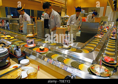 HIROSHIMA, JAPAN -26 FEB 2019- View of the Sushi Tatsu kaiten carousel ...