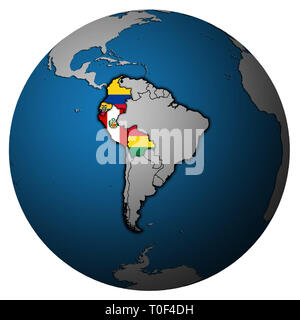 flags of member countries of Andean Community on political map of globe ...