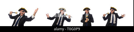 Pirate businessman holding the microphone isolated on white Stock Photo ...