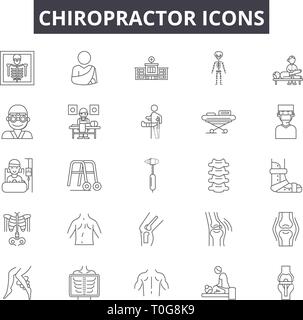Chiropractor line vector icons and signs. Backache, Adjustments, Spinal ...