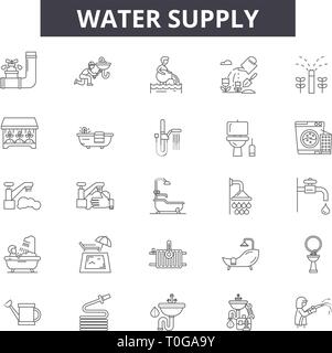 Water supply editable line icons vector set on black background. Water ...