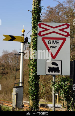 UK Road Sign For Gated Level Crossing with Light Signals Stock Photo ...