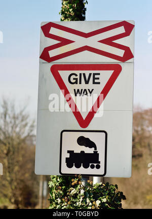 UK Road Sign For Gated Level Crossing with Light Signals Stock Photo ...