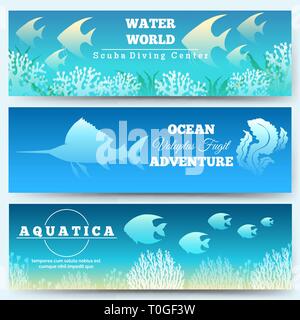 Cartoon underwater landscape banners with sea fishes and ocean animals ...