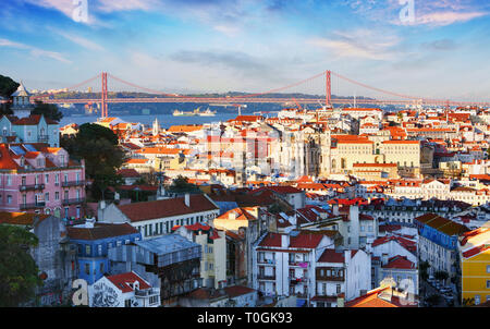 Beautiful aerial view of Lisbon with view to the bridge of 25th april ...