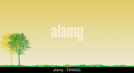 springtime flowering garden with grass and trees illustration backdrop ...