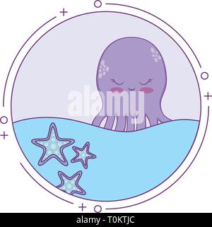 cute octopuses with sea in frame circular vector illustration design ...