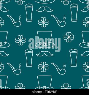Seamless pattern with clover leaves, mustache, glass of beer, hat ...