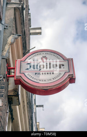 Sign for Jupiler Dutch beer outside a pub in Amsterdam Stock Photo - Alamy