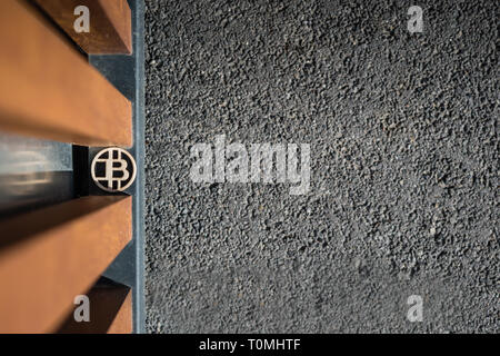 Wooden bit coin with steel and wood components and lines Stock Photo ...