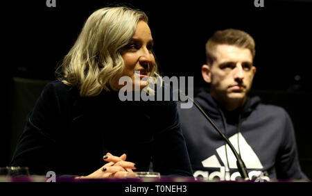 Emily Frazer from Matchroom and judge Max Whitlock talk during the ...