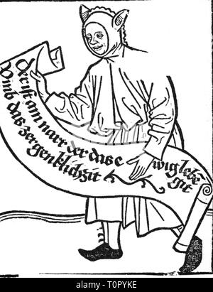 allegories, irrationality, fool with banderole, "The one id a Fool who ...