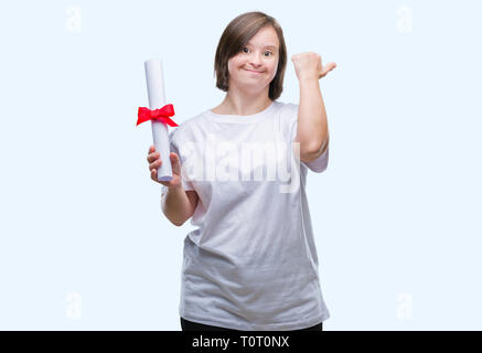 Woman with down syndrome holding graduate degree diploma doing video ...