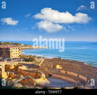 Roman amphitheater in Tarragona coastline. Mediteranean beach in ...