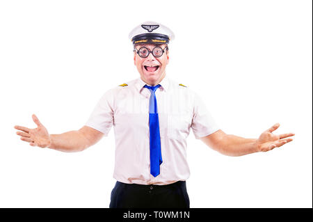 Funny cheerful pilot with glasses, background of cockpit plane. Crazy ...