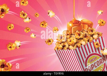 Classic caramel popcorn ads in striped paper container, 3d illustration ...