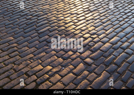 wet cobble stone road close up perspective view after rain with autumn ...