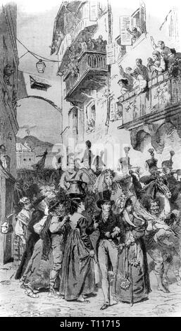 A street in Naples. Italy in the 19th century; Black and White ...