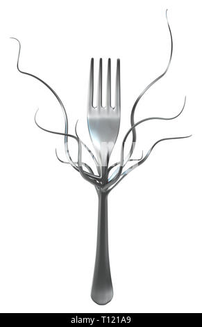 Fork metal tendrils surreal change trio, 3d illustration, horizontal ...