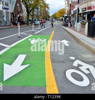 Two-way protected bike lanes with pavement markers, striped median ...