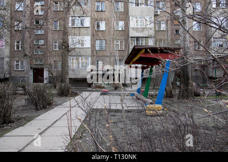 A view of the plain, concrete Soviet era architecture in Bishkek ...