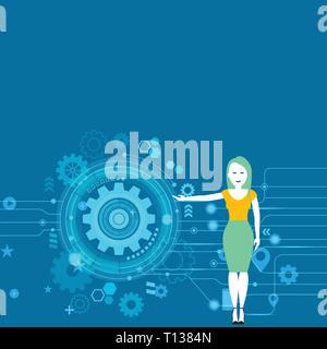 Woman Standing and Presenting the SEO Process with Cog Wheel Gear ...