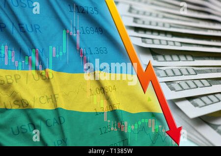 Rwanda flag and chart falling US dollar position with a fan of dollar ...