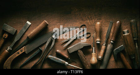 Panorama banner of vintage woodworking tools on a workbench with fresh ...