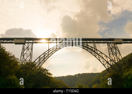 Germany, Muengsten Bridge between Solingen and Remscheid at twilight ...