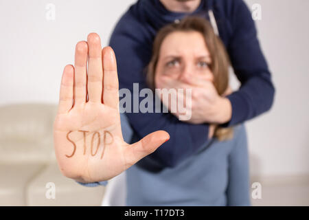 Woman hand sign for stop abusing violence, Woman bondage in angle of ...