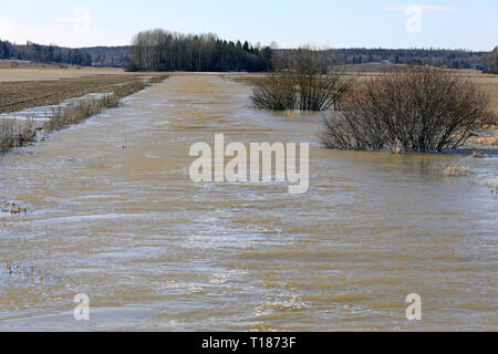 Tuohittu, Salo, Finland. March 24, 2019. Spring flooding of Muurlanjoki ...