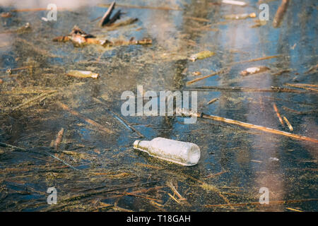 Old Plastic Bottle Floats In Water Of Swamp Or Bog. Used Empty Bottle ...