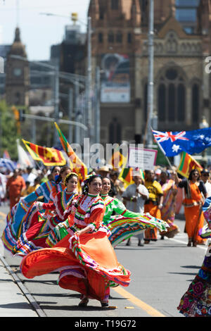 Latin American dancers dance during 2017 dance parade on streets of New ...