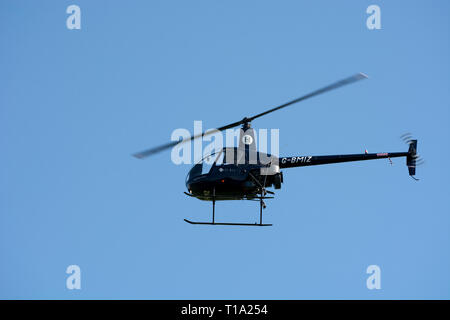 Robinson R22 Beta helicopter flying low, at sunset, mustering cattle in ...