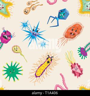 Bacteria characters Seamless pattern. Cartoon Cute germ virus funny ...