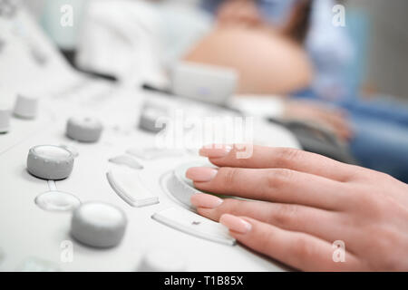 Close-up of ultrasound machine in clinic. Modern hospital with high ...