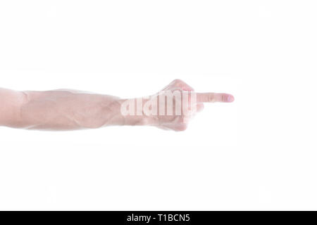 Right forearm pointing index finger to touch or press isolated on white ...