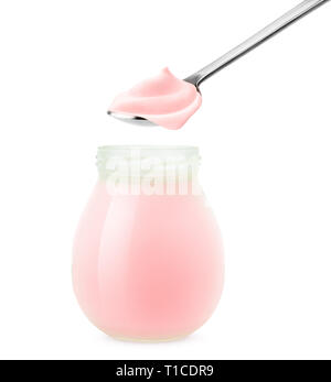 strawberry yogurt in a glass jar on a white table and strawberry Stock ...