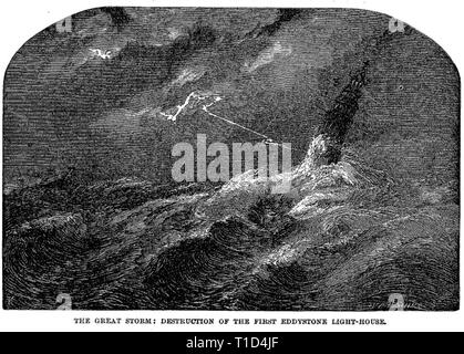 Destruction of the first Eddystone lighthouse in Great Storm 1703 Stock ...