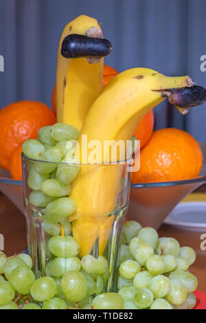 Bananas as dolphins with a dark grape in the mouth and green grapes and ...