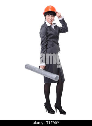 smiling woman architect with drawings. isolated on a white Stock Photo ...