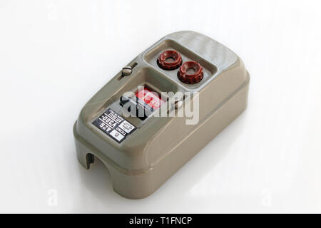 Vintage safety off switch with fuses, isolated on white background ...